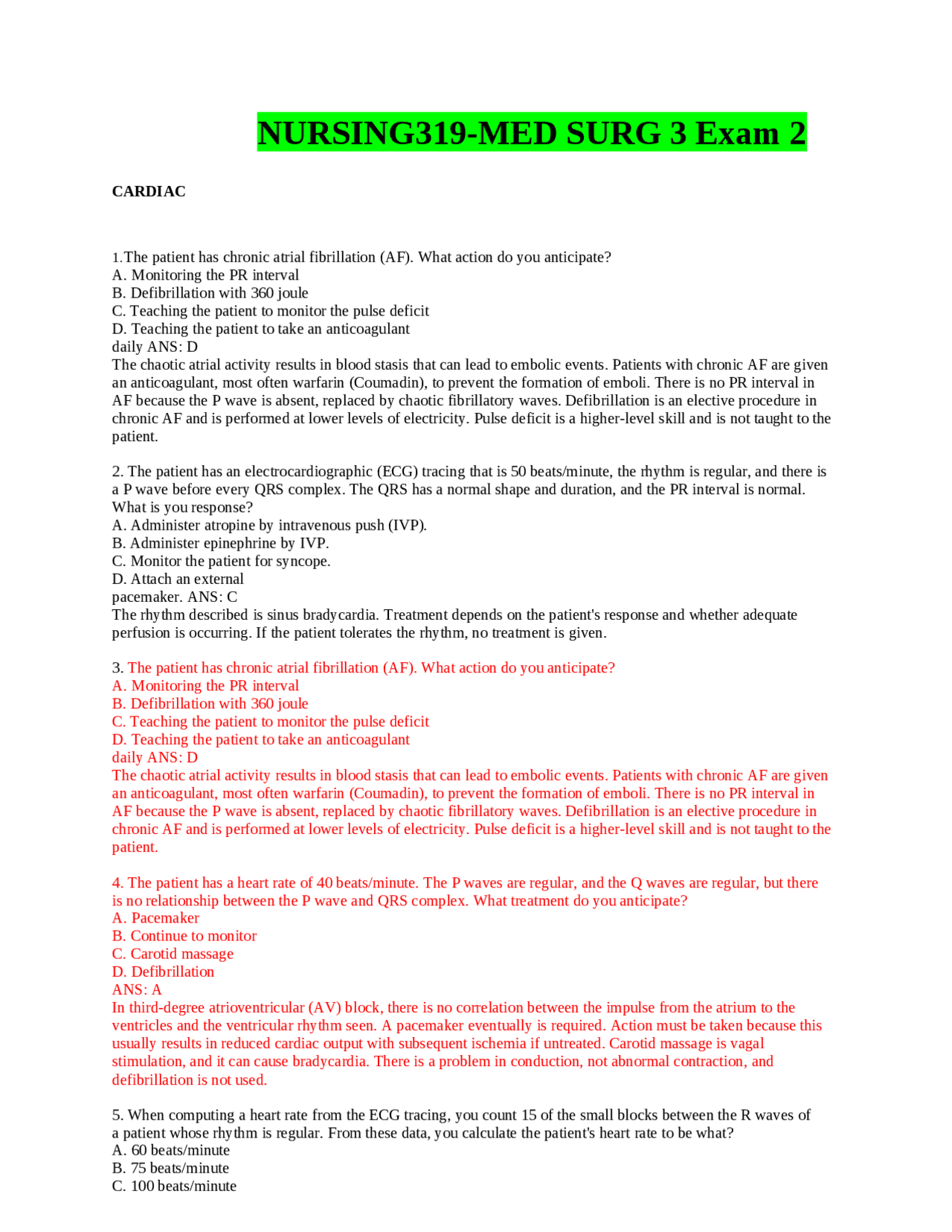 NURSING319-MED SURG 3 Exam 2. | Exams Nursing | Docsity
