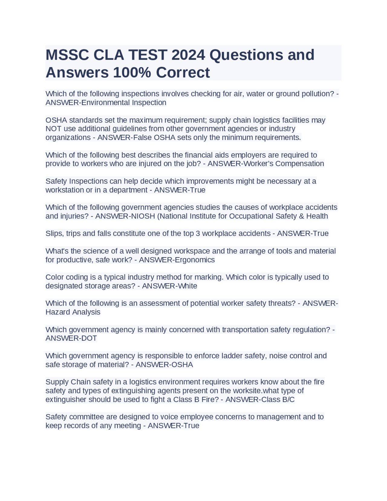 MSSC CLA TEST 2024 Questions and Answers 100% Correct | Exams ...