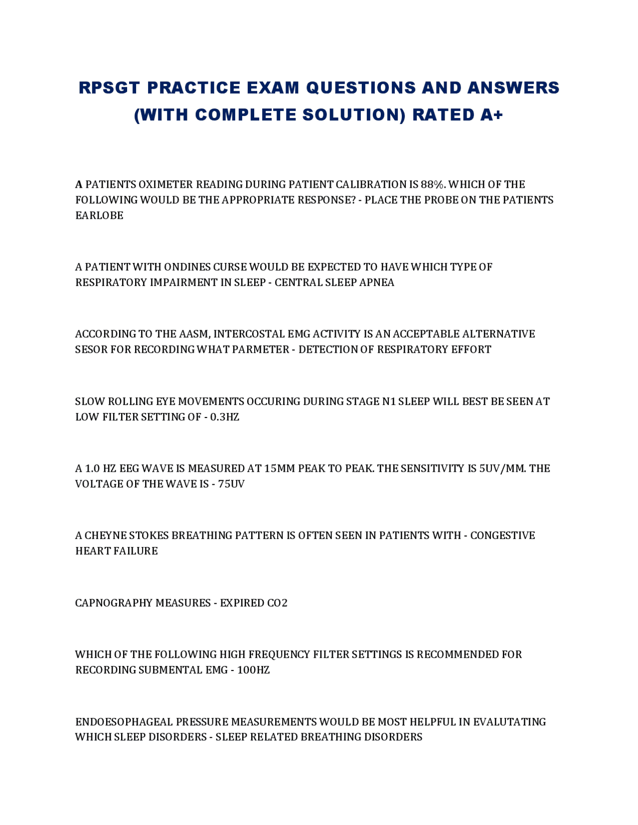 RPSGT PRACTICE EXAM QUESTIONS AND ANSWERS (WITH COMPLETE SOLUTION ...