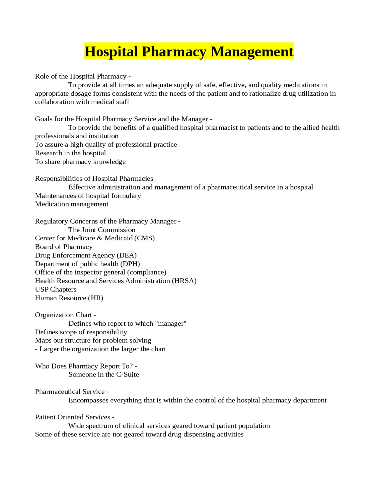 Hospital Pharmacy Management | Exams Pharmacy | Docsity