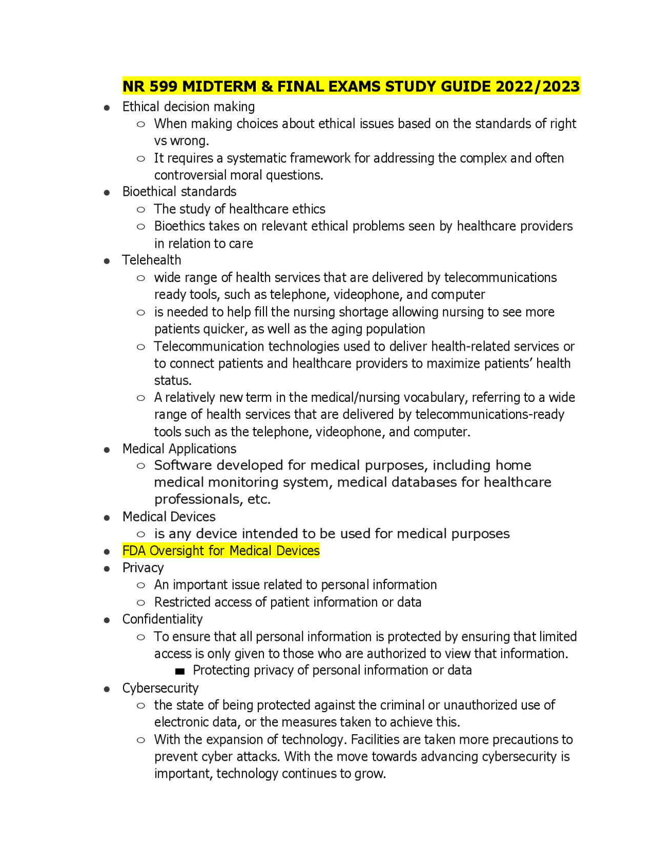 NR 599 MIDTERM & FINAL EXAMS STUDY GUIDE- COMPLETE 2022/2023 | Study ...