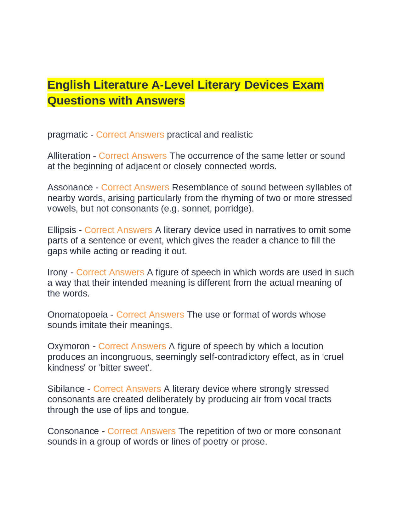 English Literature A-Level Literary Devices Exam Questions with Answers ...