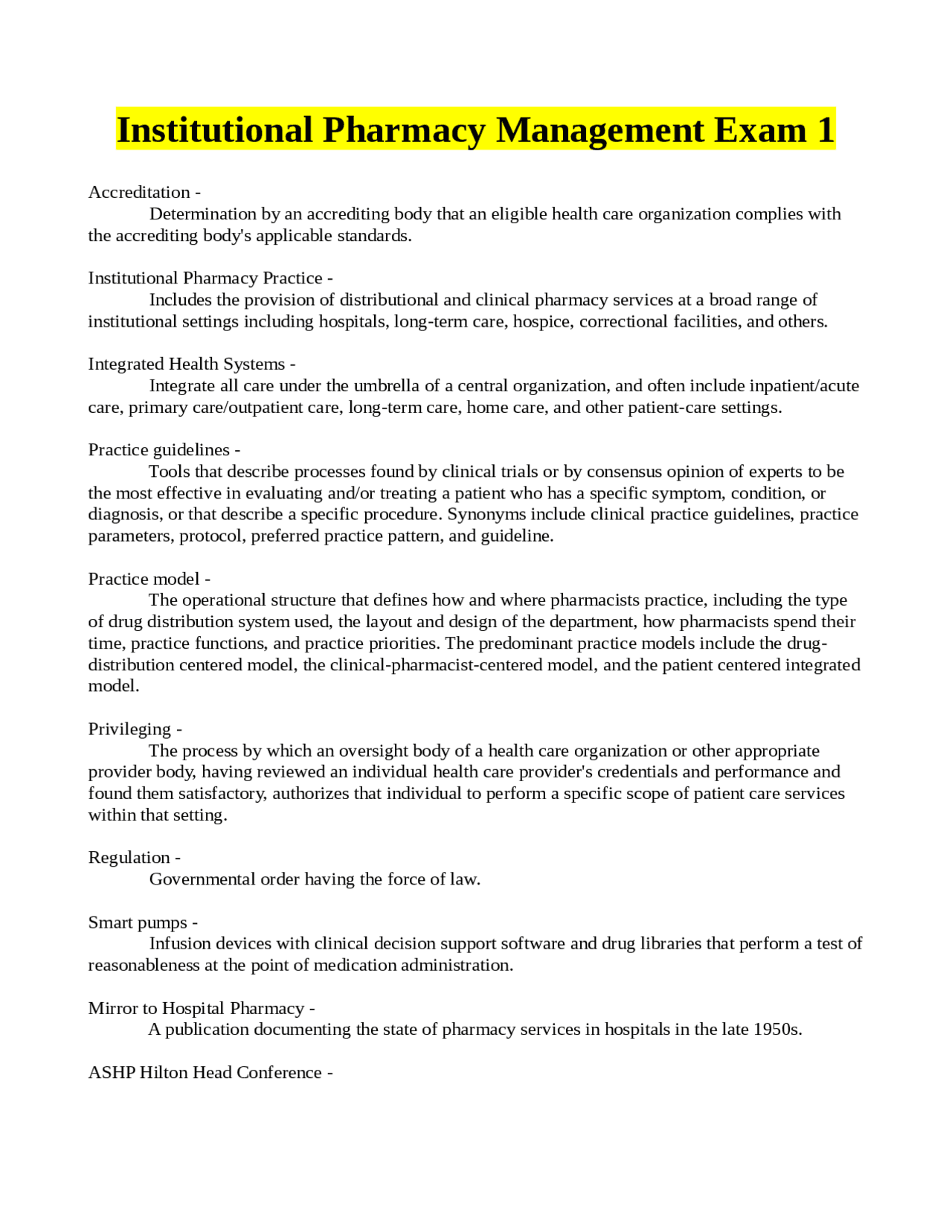 Institutional Pharmacy Management Exam 1. | Exams Pharmacy | Docsity