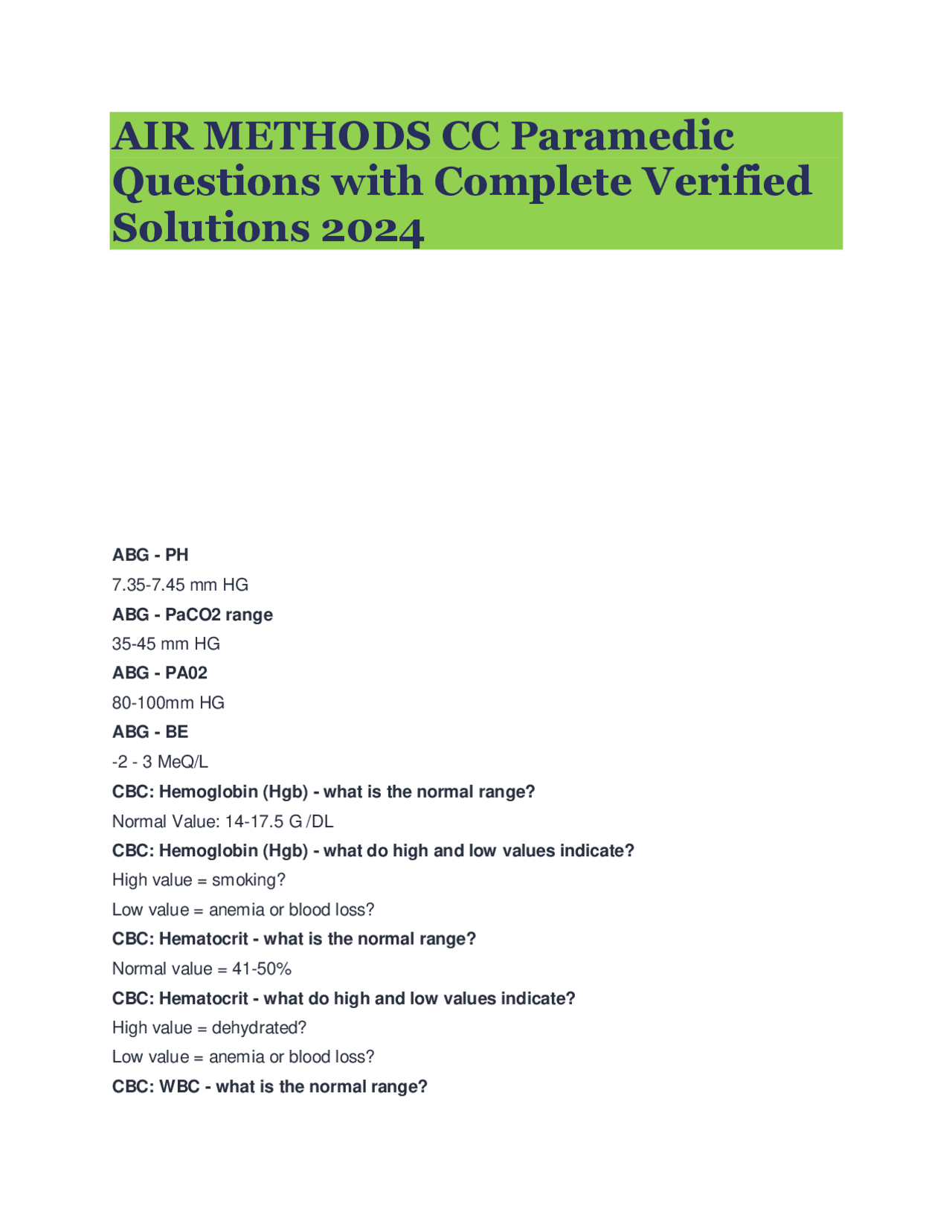 AIR METHODS CC Paramedic Questions with Complete Verified Solutions ...