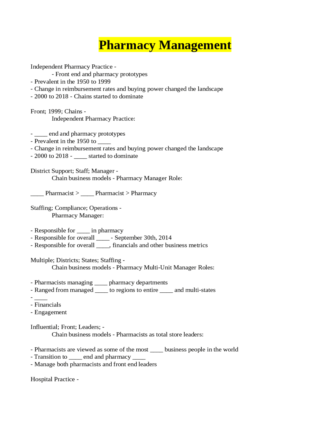 Pharmacy Management. Pharmacy Management. | Exams Pharmacy | Docsity