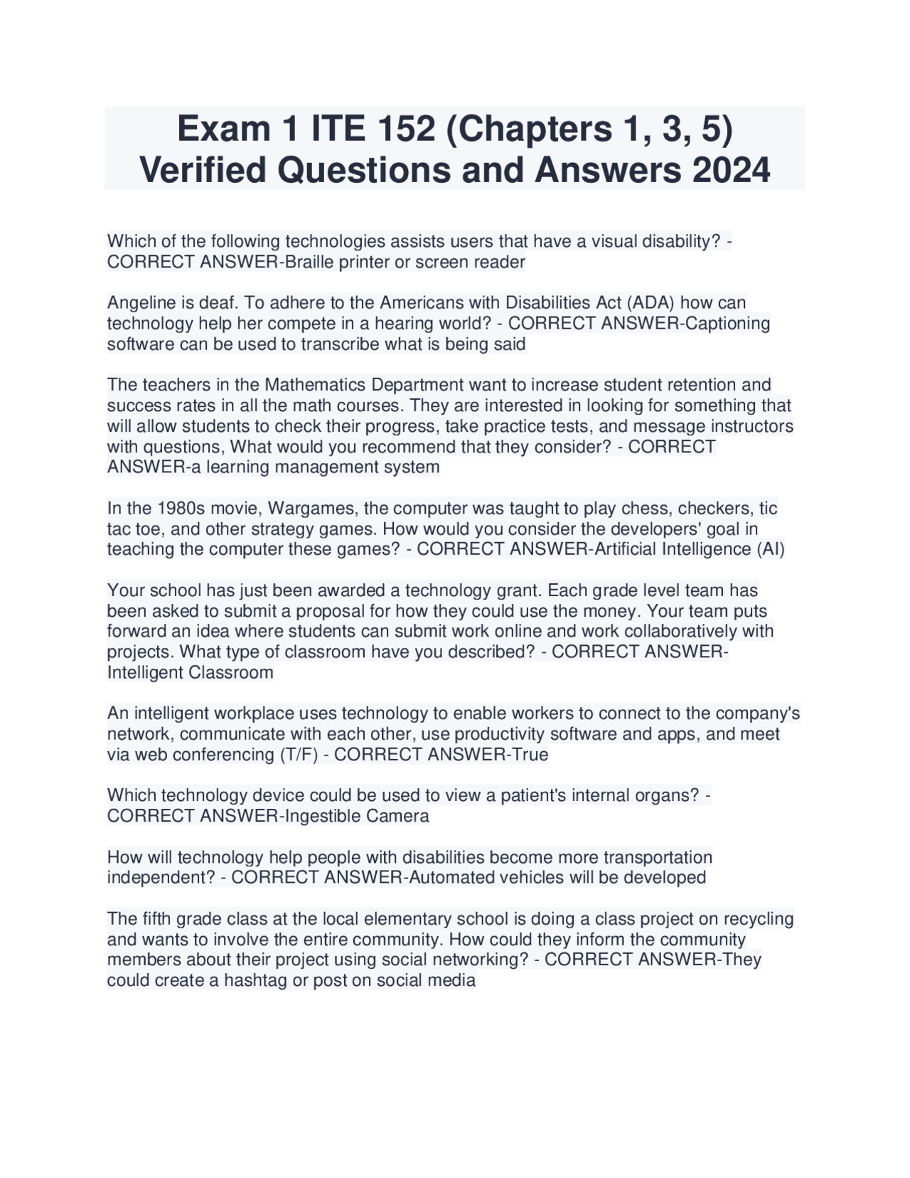 Exam 1 ITE 152 (Chapters 1, 3, 5) Verified Questions and Answers 2024 ...