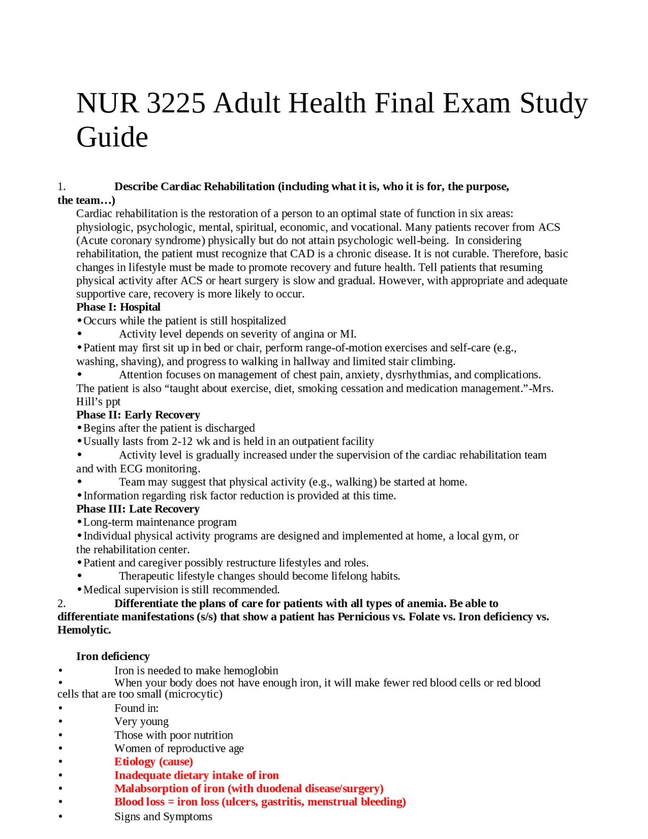 NUR 3225 Adult Health Final Exam Study Guide | Study notes ...
