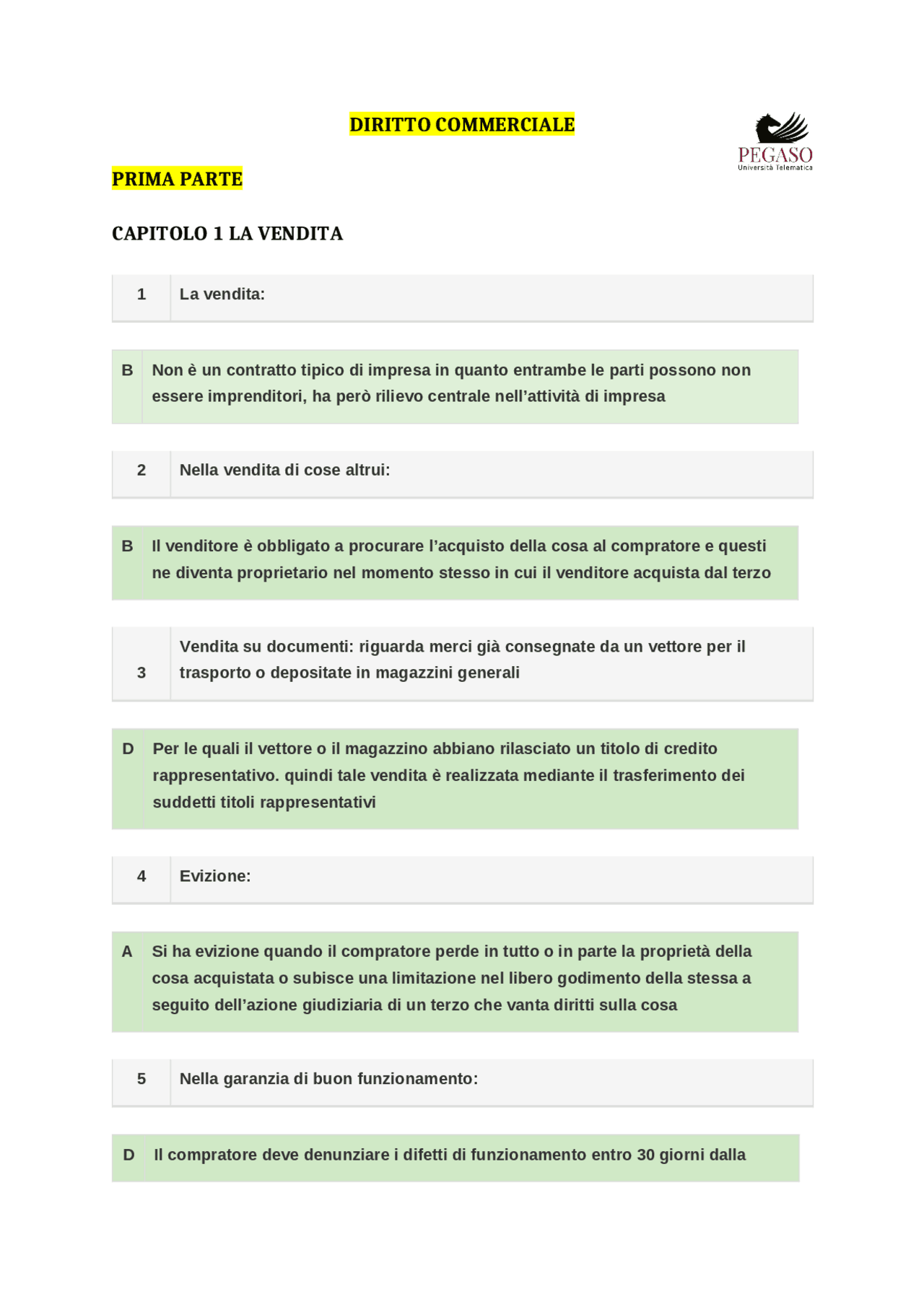 Paniere diritto commerciale pegaso 2024 | Panieri di Diritto Commerciale | Docsity