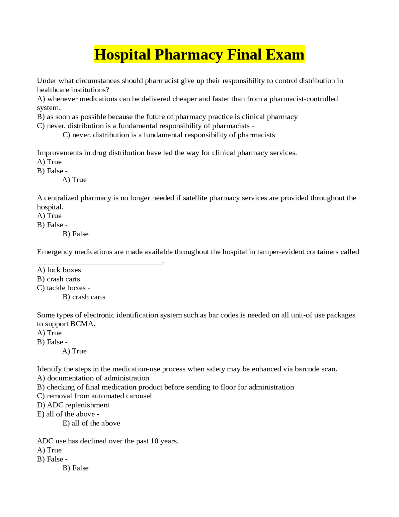 Hospital Pharmacy Final Exam | Exams Pharmacy | Docsity