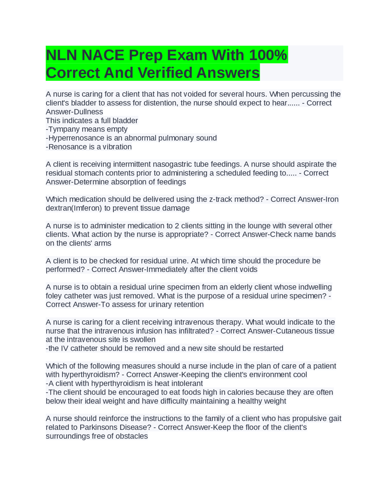 NLN NACE Prep Exam With 100% Correct And Verified Answers | Exams ...