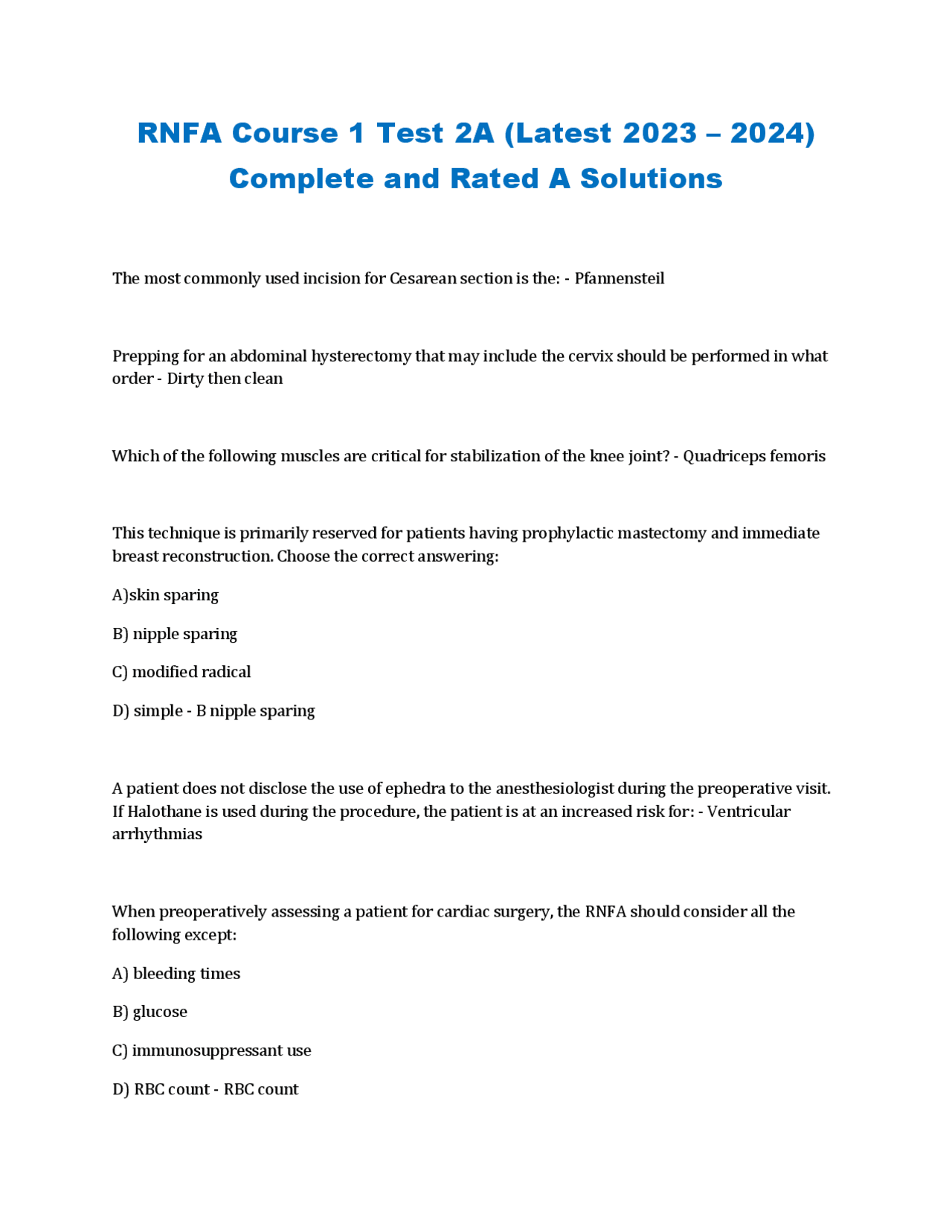 RNFA Course 1 Test 2A (Latest 2023 – 2024) Complete and Rated A ...