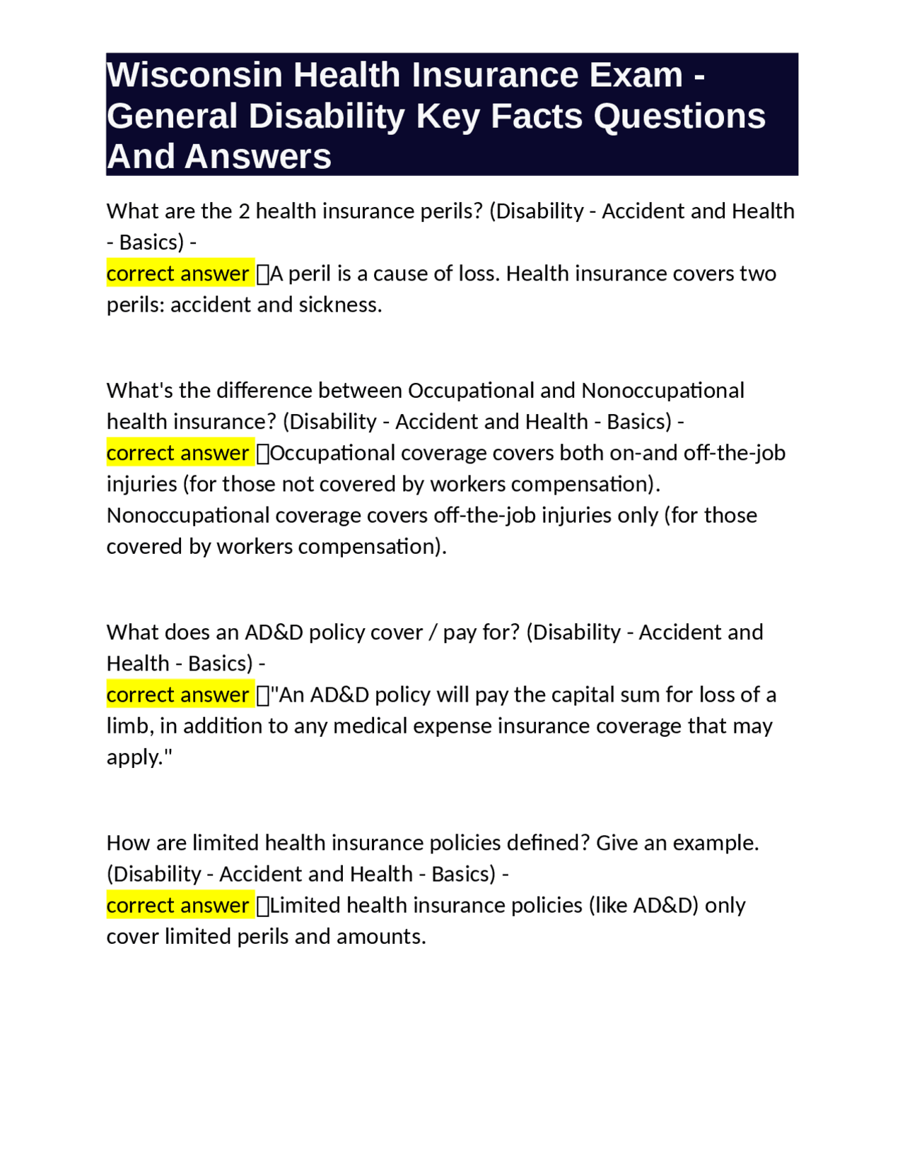 Wisconsin Health Insurance Exam - General Disability Key Facts ...