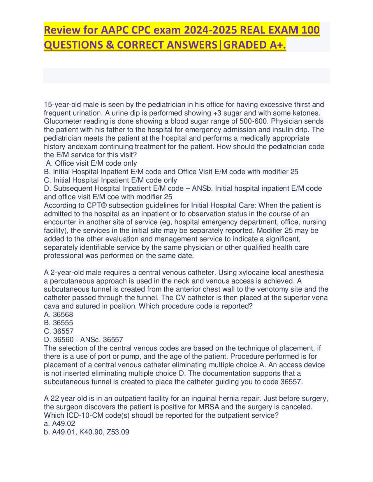 Review for AAPC CPC exam 2024-2025 REAL EXAM 100 QUESTIONS & CORRECT ...