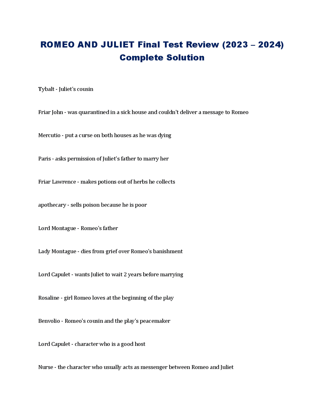 ROMEO AND JULIET Final Test Review (2023 – 2024) Complete Solution ...