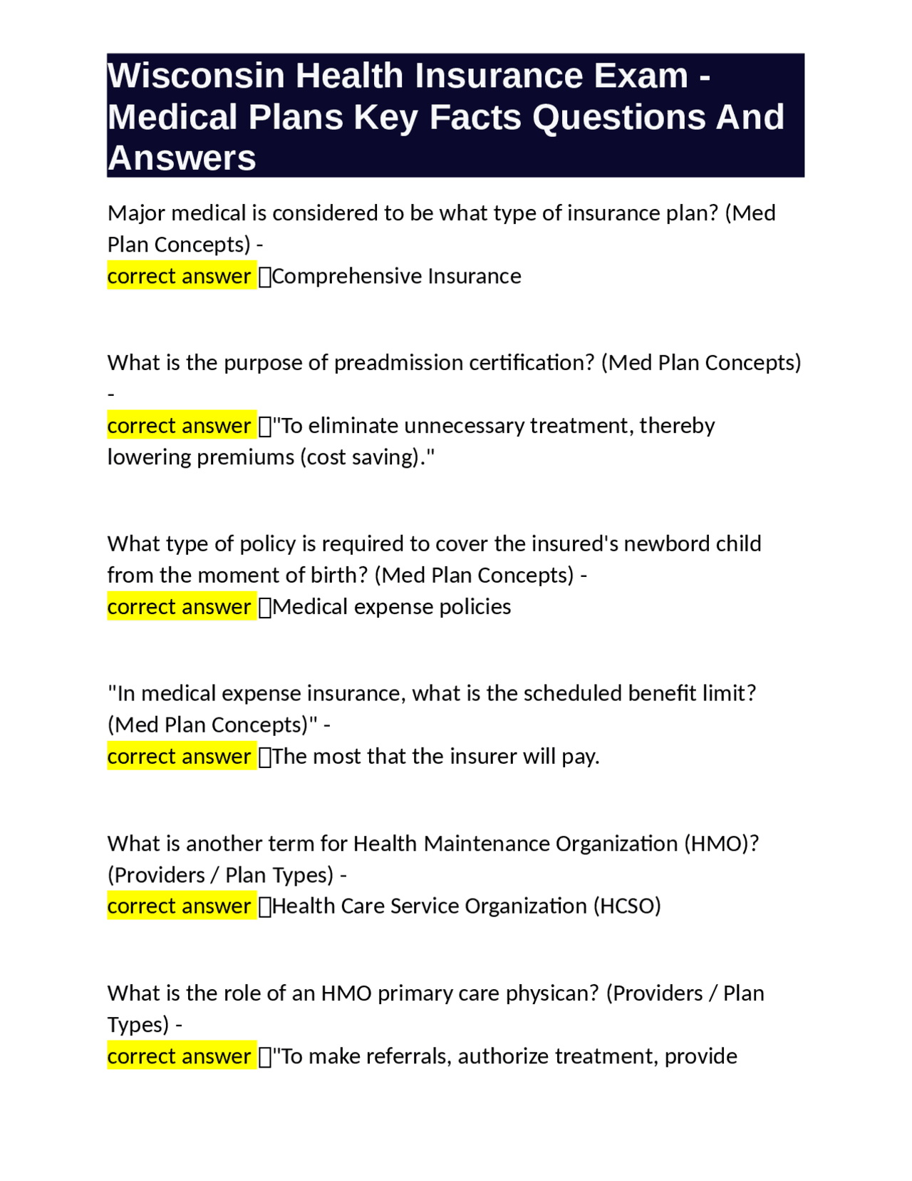 Wisconsin Health Insurance Exam - Medical Plans Key Facts Questions And ...