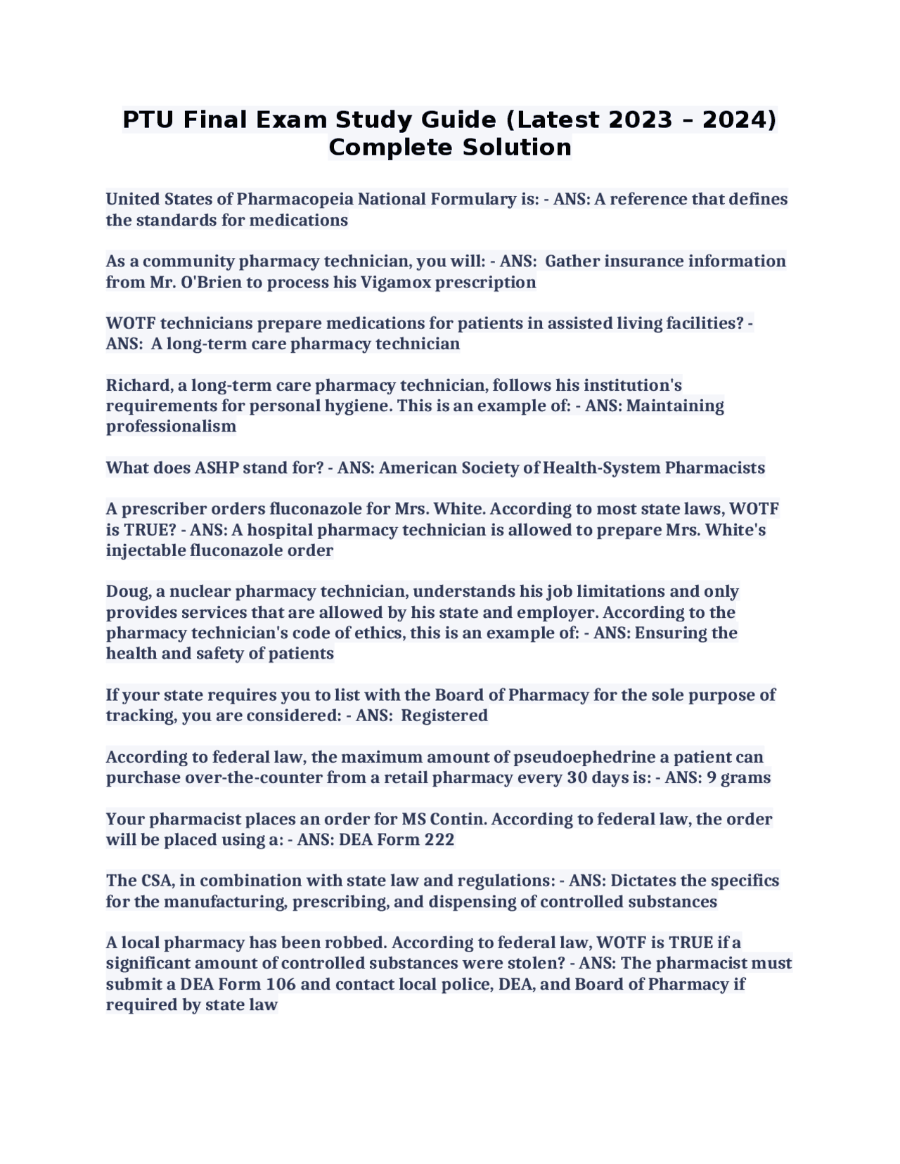 PTU Final Exam Study Guide (Latest 2023 – 2024) Complete Solution ...