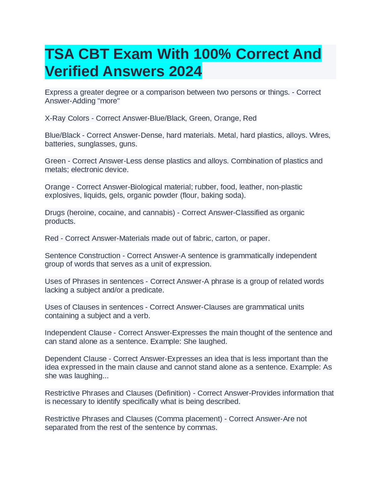 TSA CBT Exam With 100% Correct And Verified Answers 2024 | Exams ...