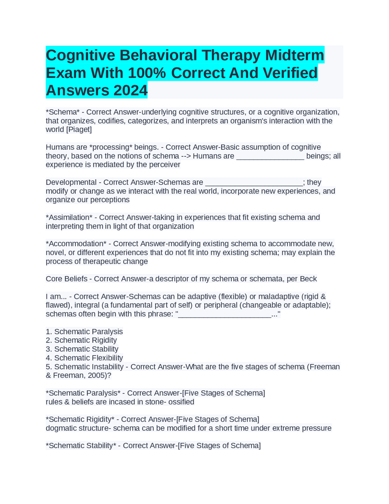 Cognitive Behavioral Therapy Midterm Exam With 100% Correct And ...