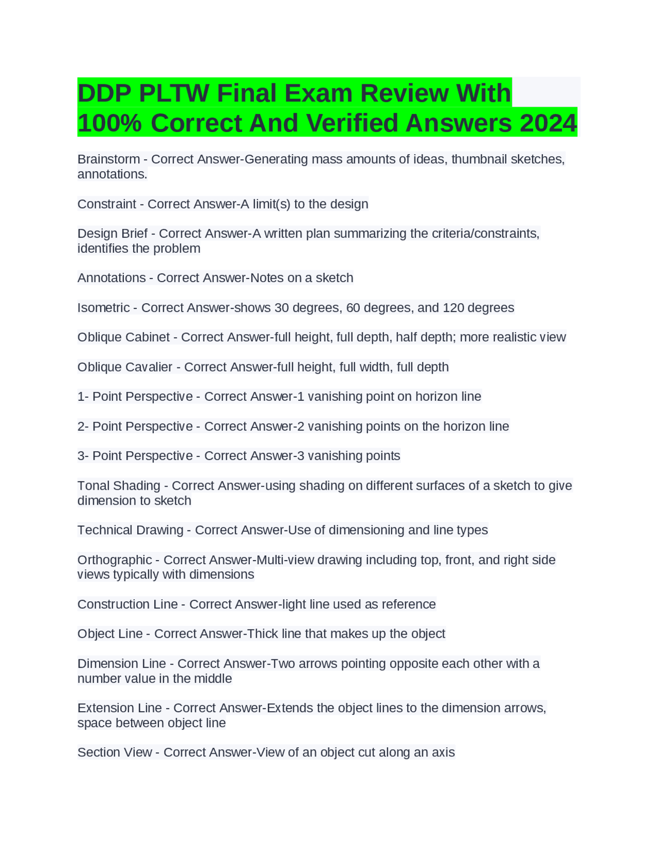 DDP PLTW Final Exam Review With 100% Correct And Verified Answers 2024 | Exams Advanced ...