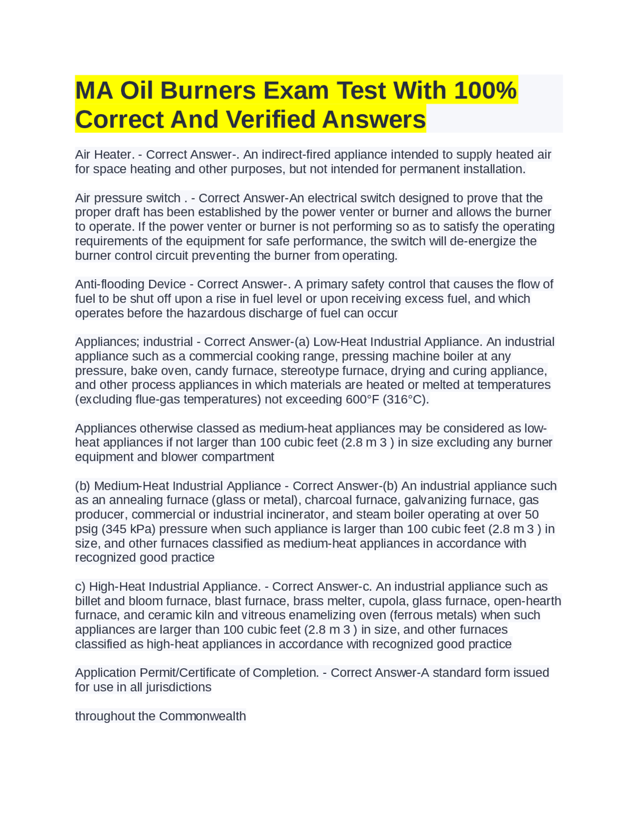 MA Oil Burners Exam Test With 100% Correct And Verified Answers | Exams ...