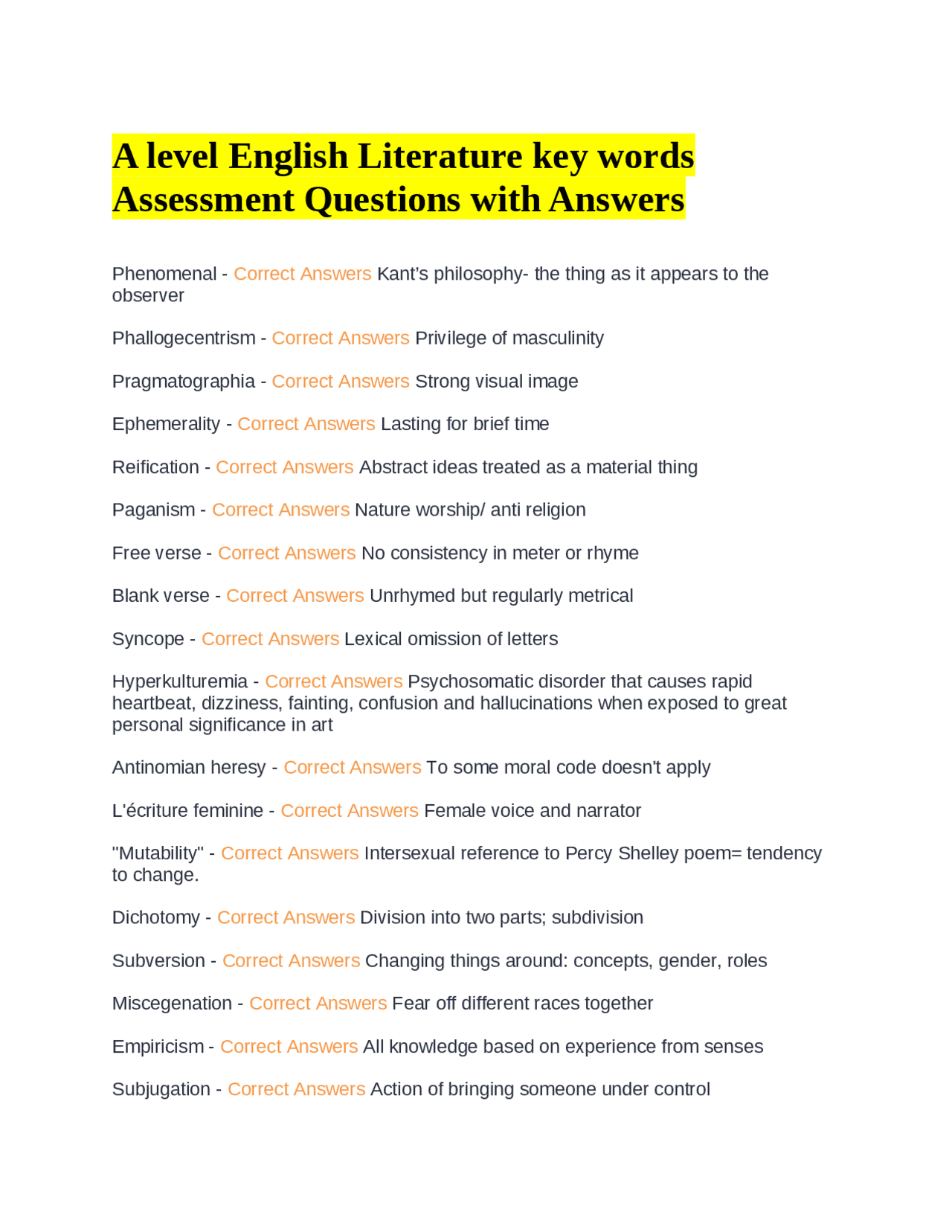A level English Literature key words Assessment Questions with Answers ...
