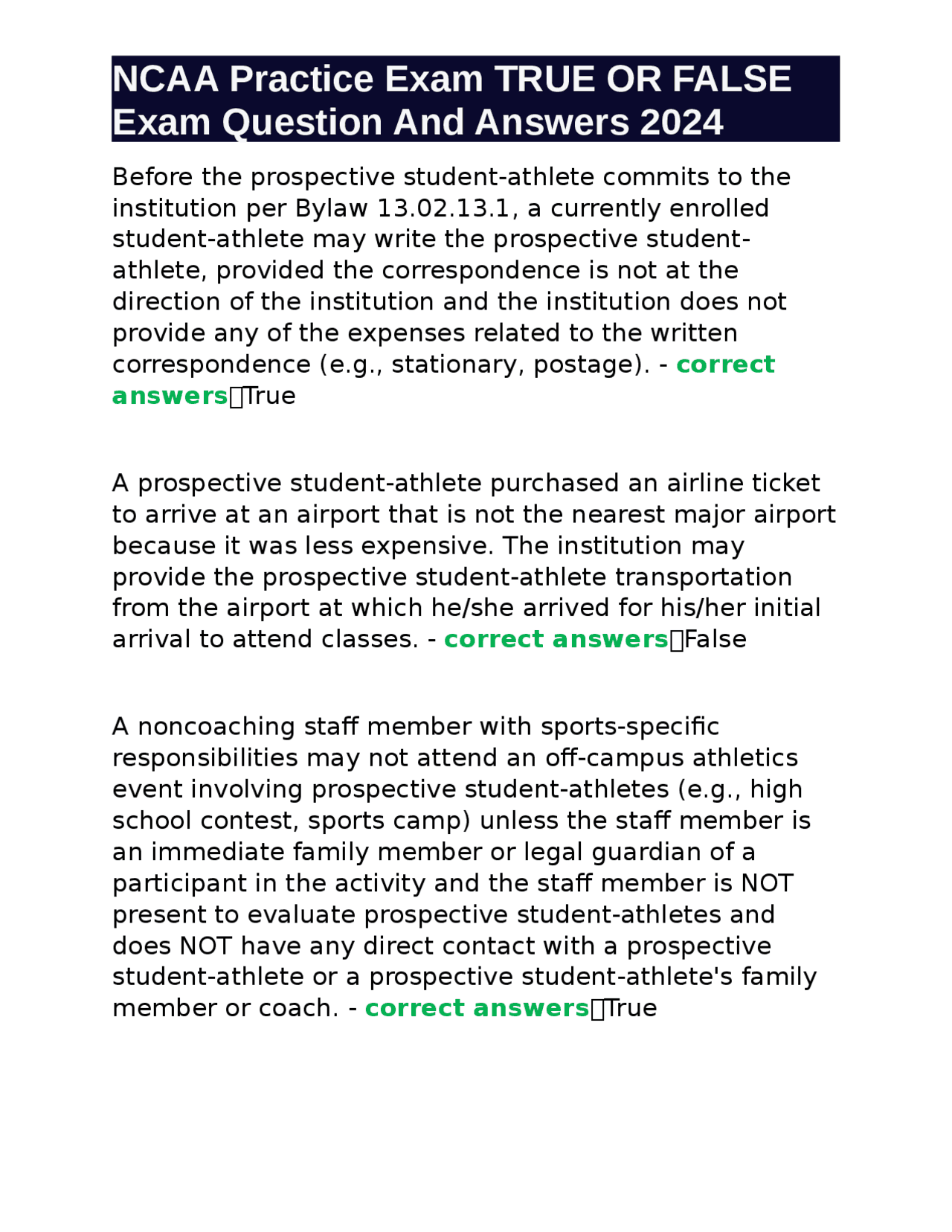 NCAA Practice Exam TRUE OR FALSE Exam Question And Answers 2024 | Exams ...