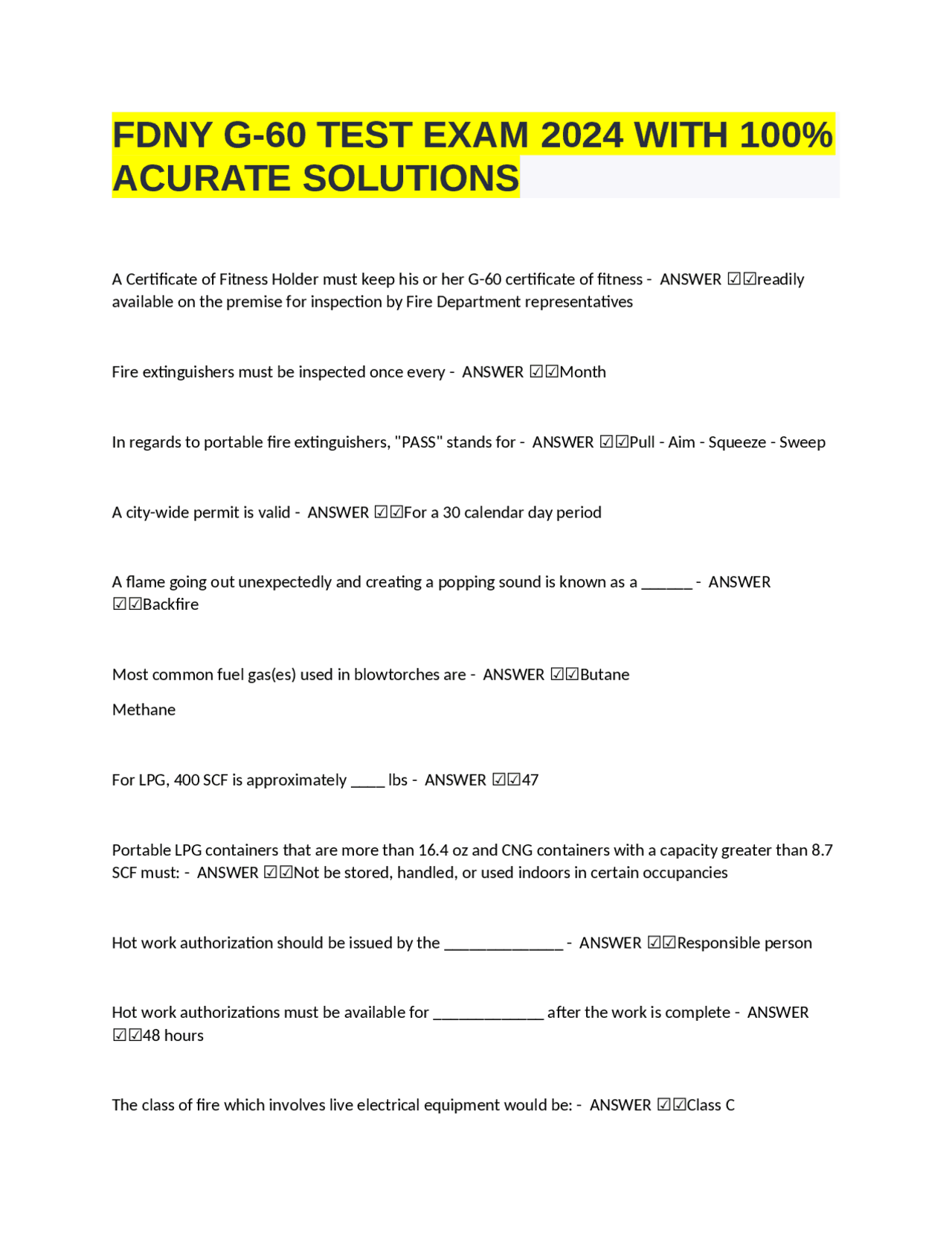FDNY G-60 TEST EXAM 2024 WITH 100% ACURATE SOLUTIONS | Exams Nursing ...