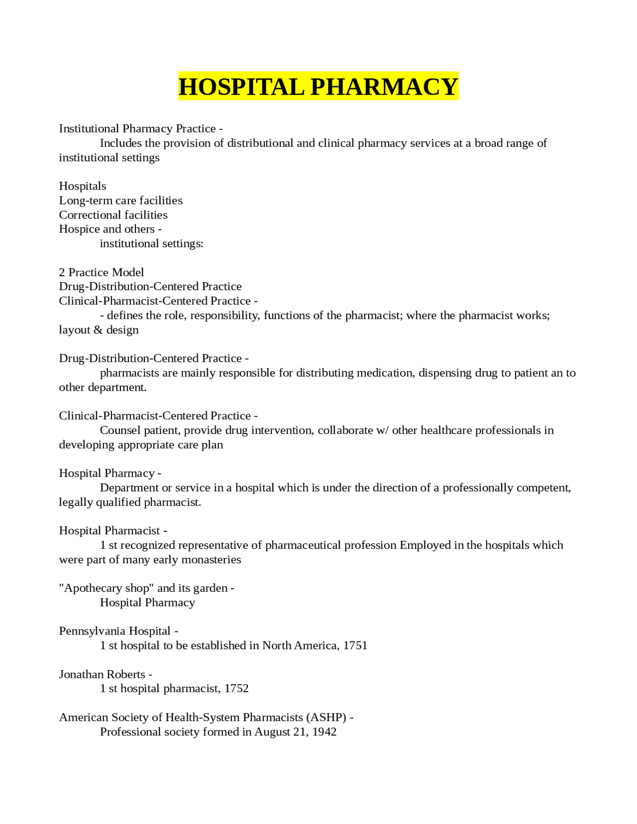 HOSPITAL PHARMACY HOSPITAL PHARMACY | Exams Pharmacy | Docsity