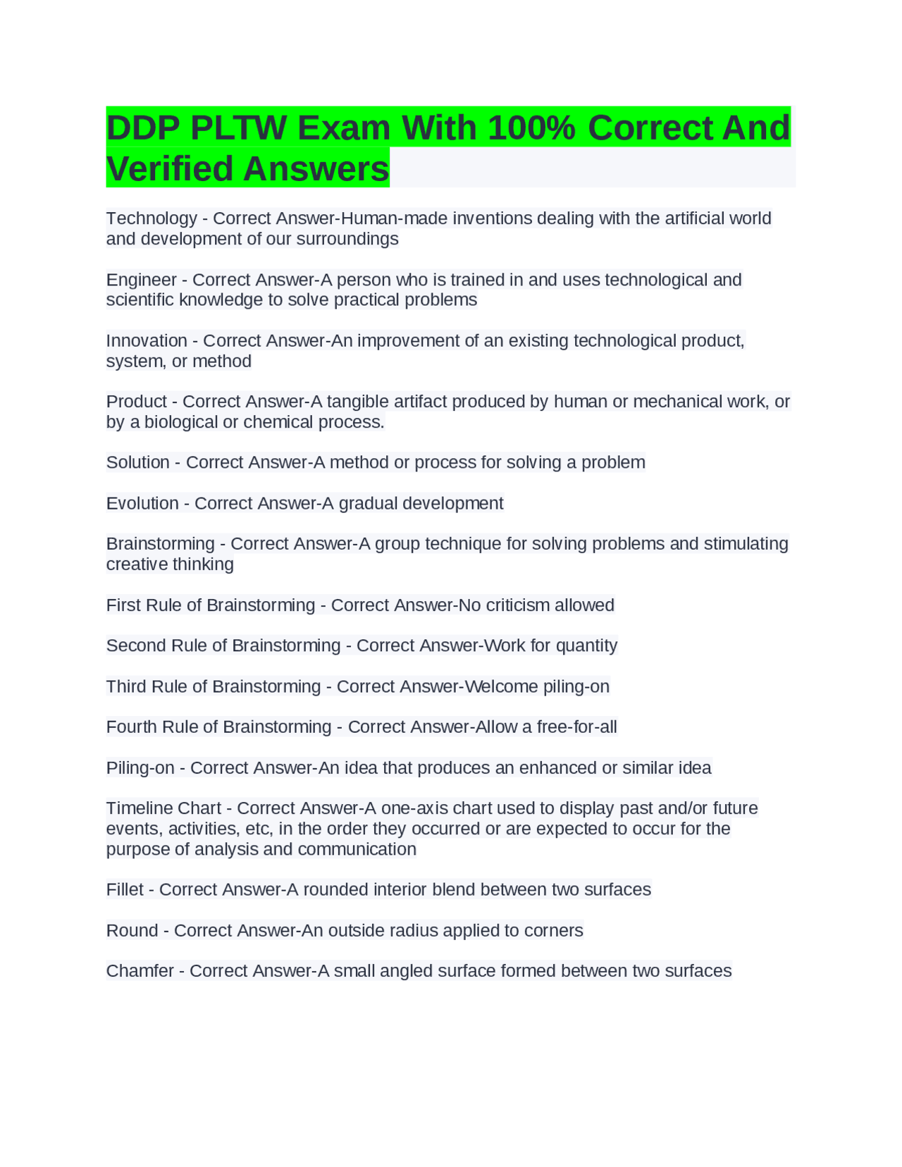 DDP PLTW Exam With 100% Correct And Verified Answers | Exams Advanced ...