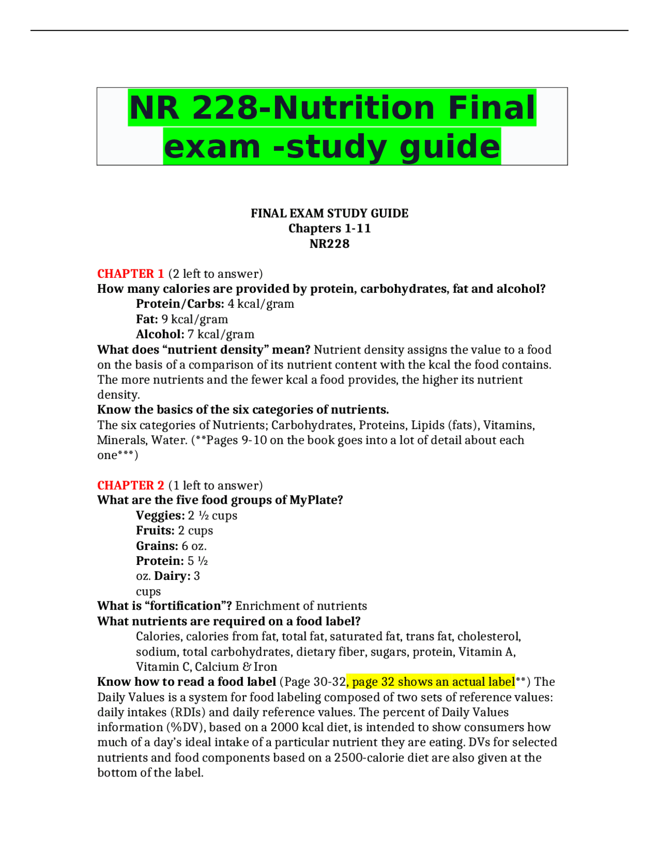 NR 228-Nutrition Final exam -study guide. | Exams Nursing | Docsity