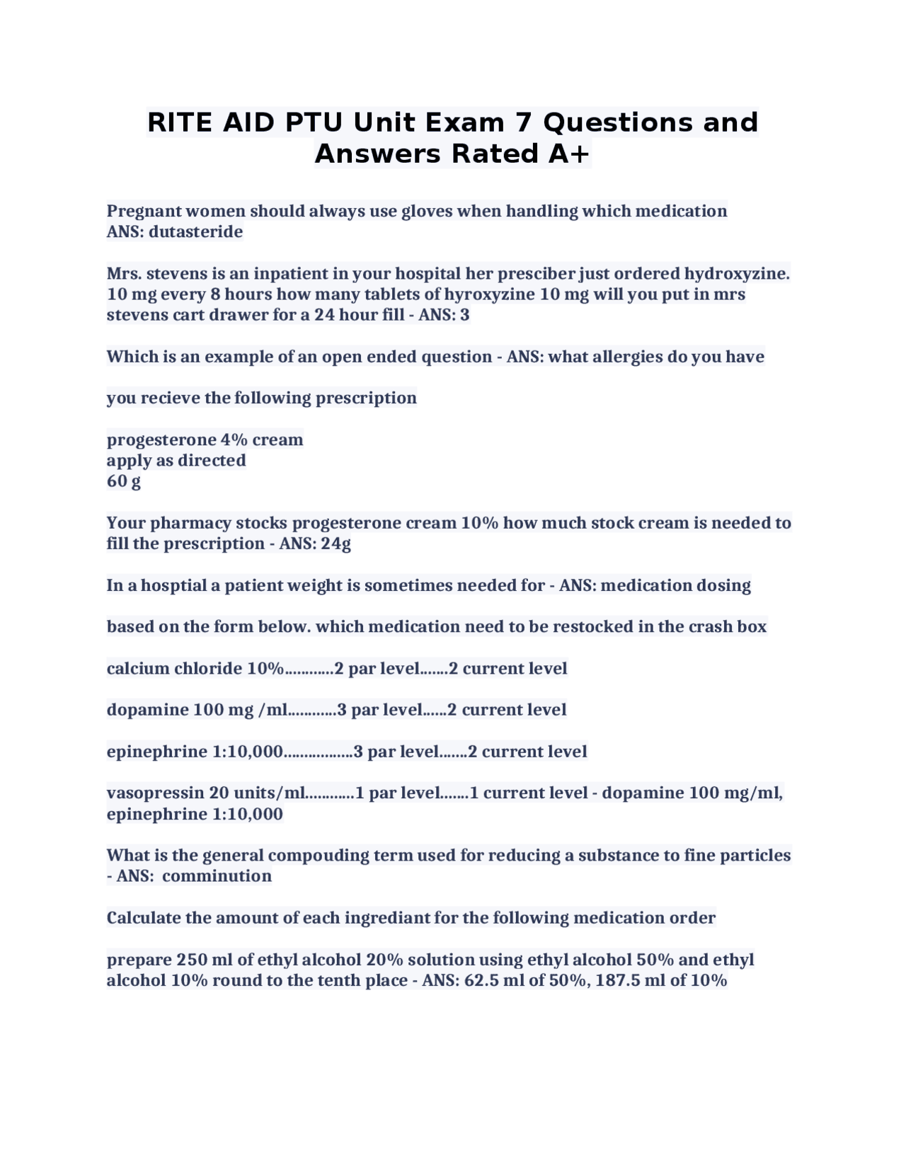 RITE AID PTU Unit Exam 7 Questions and Answers Rated A+ | Exams Health ...