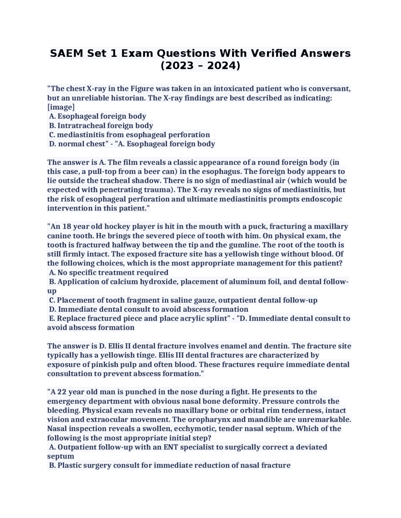 SAEM Set 1 Exam Questions With Verified Answers (2023 – 2024) | Exams ...