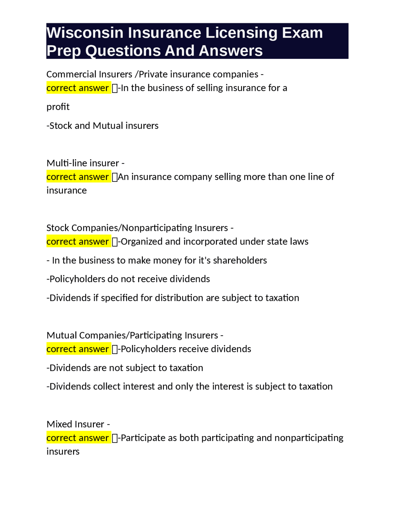 Wisconsin Insurance Licensing Exam Prep Questions And Answers | Exams ...