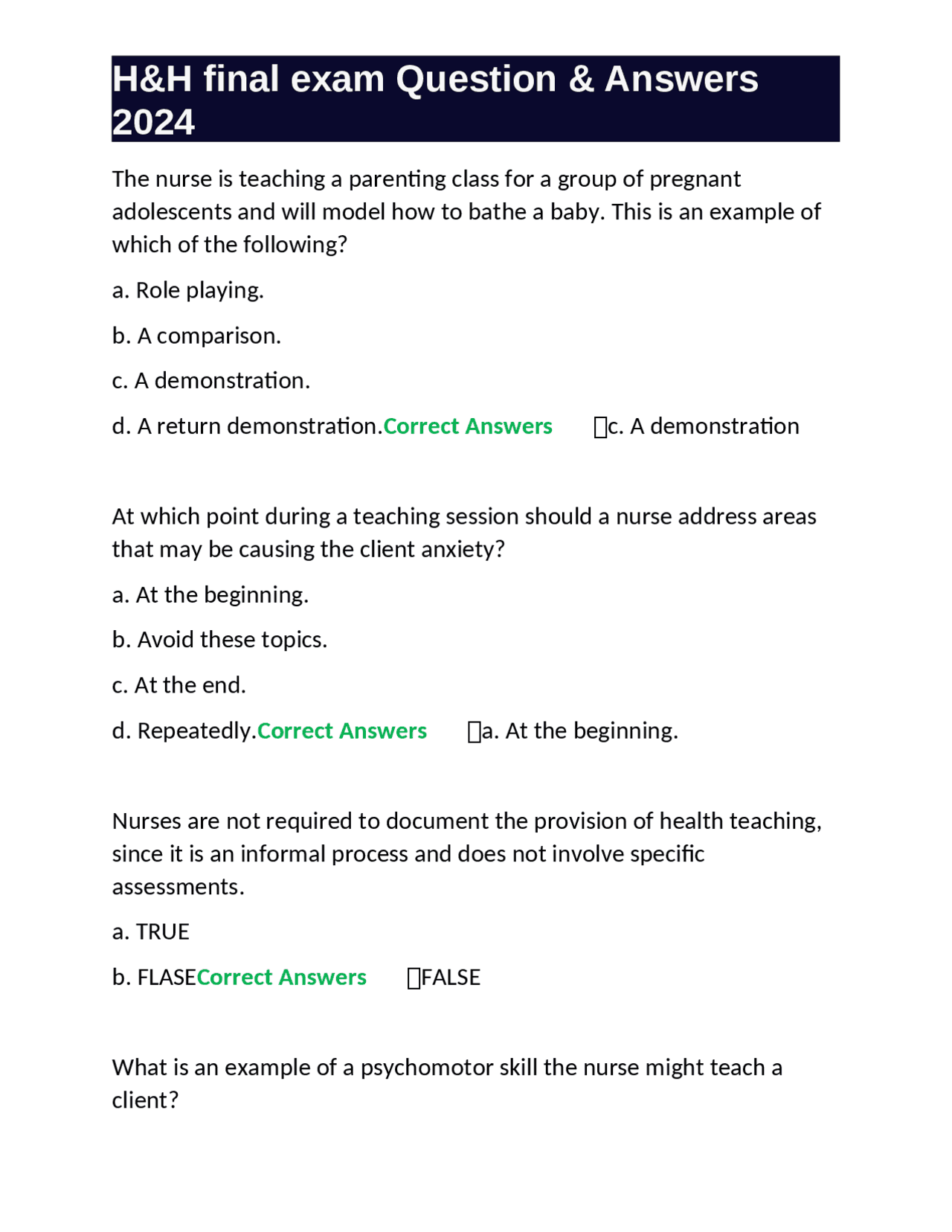 H&H final exam Question & Answers 2024 | Exams Nursing | Docsity