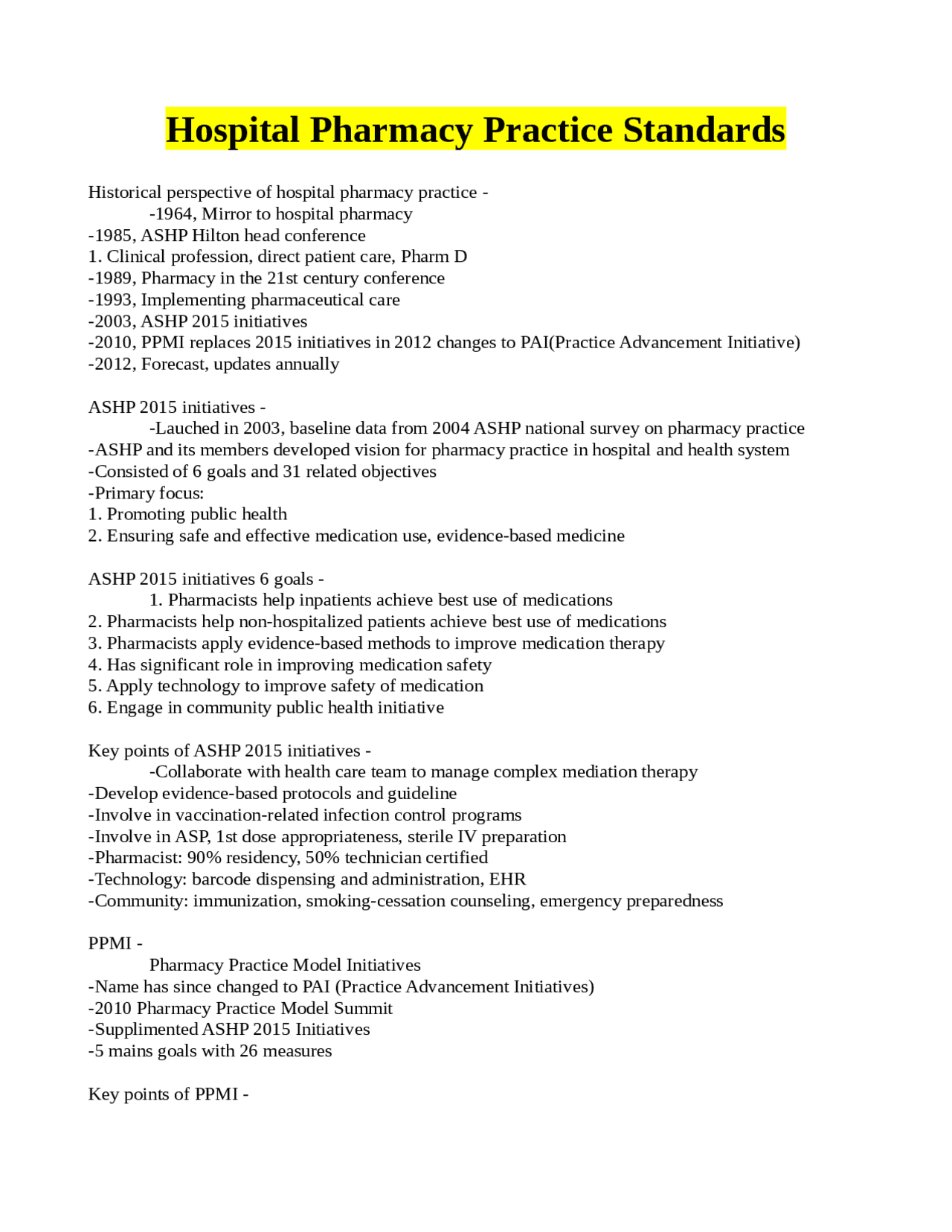 Hospital Pharmacy Practice Standards | Exams Pharmacy | Docsity