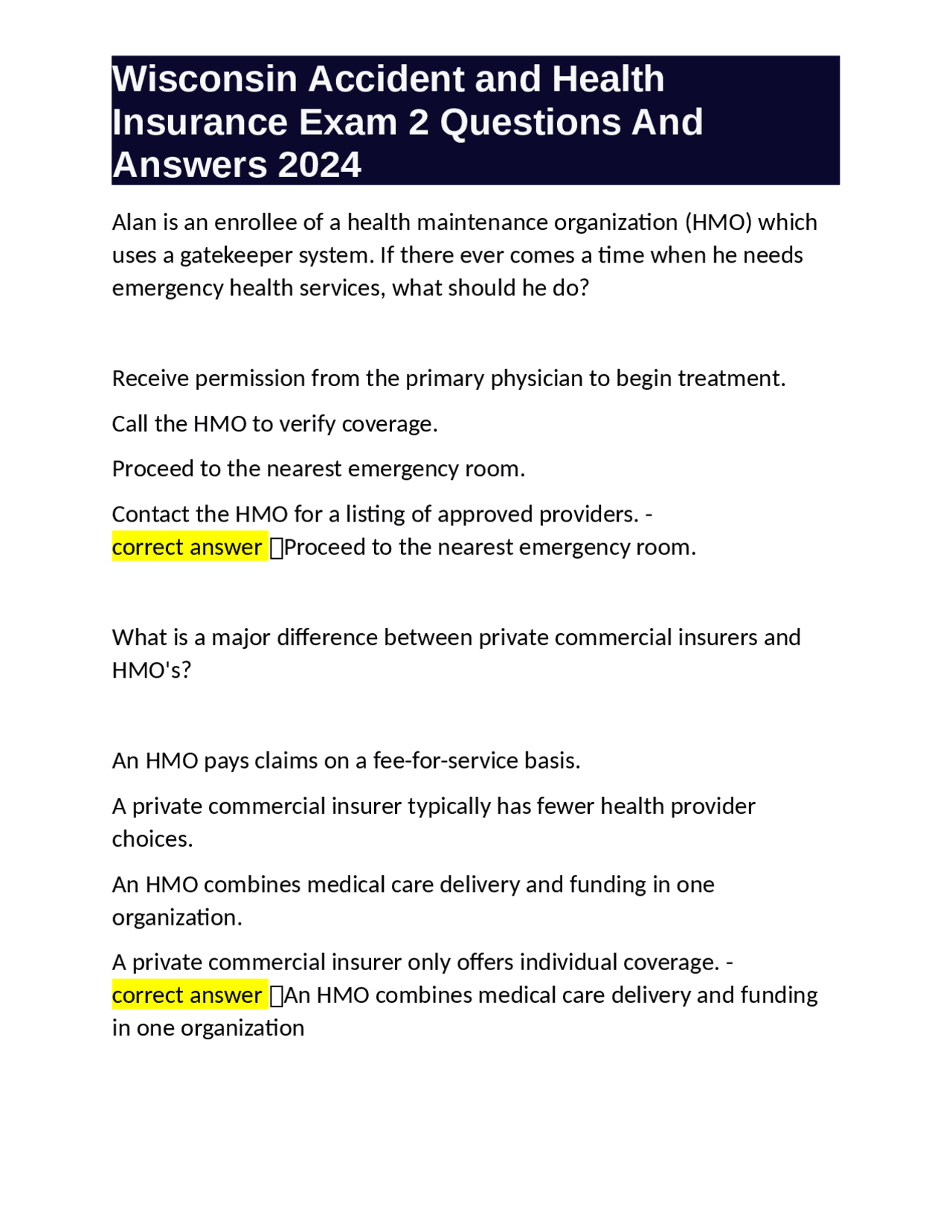 Wisconsin Accident and Health Insurance Exam 2 Questions And Answers ...