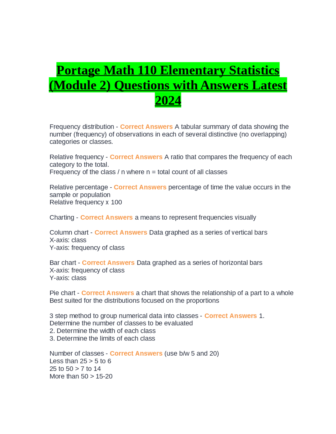 Portage Math 110 Elementary Statistics (Module 2) Questions with ...