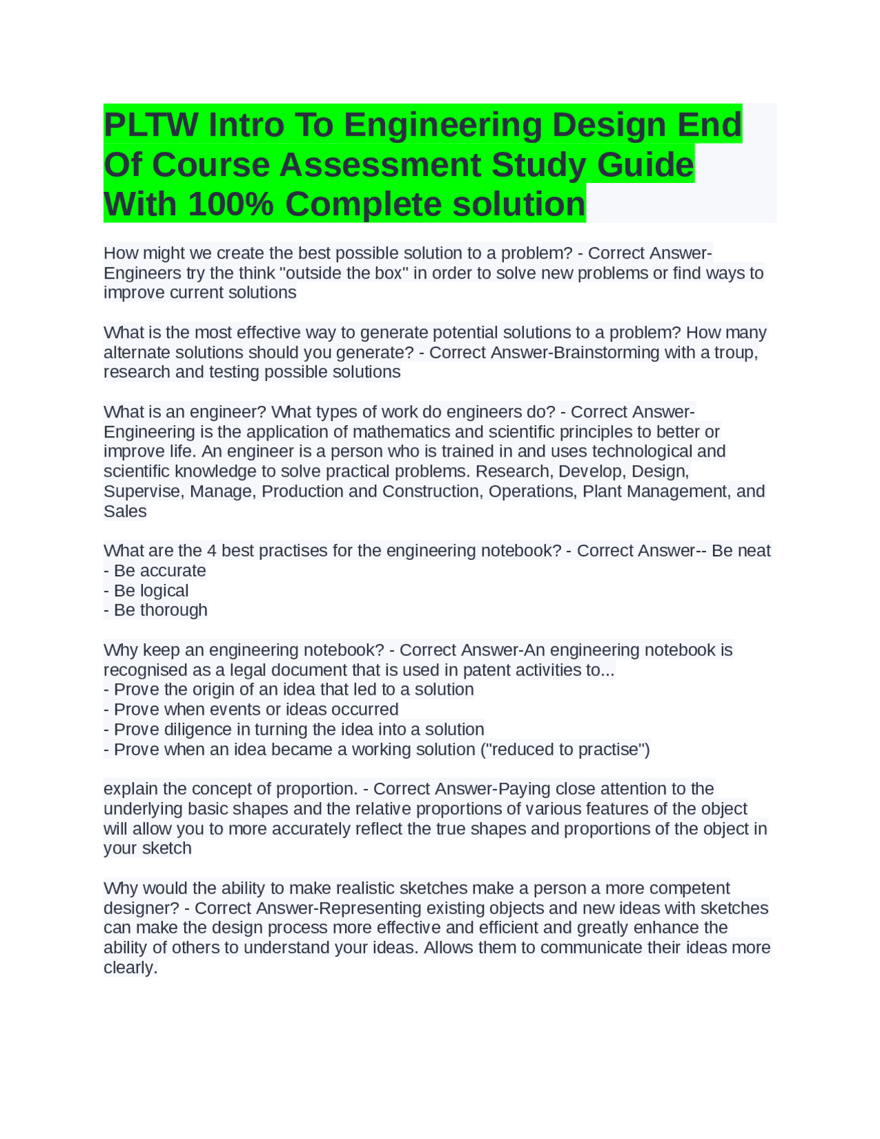 PLTW Intro To Engineering Design End Of Course Assessment Study Guide ...