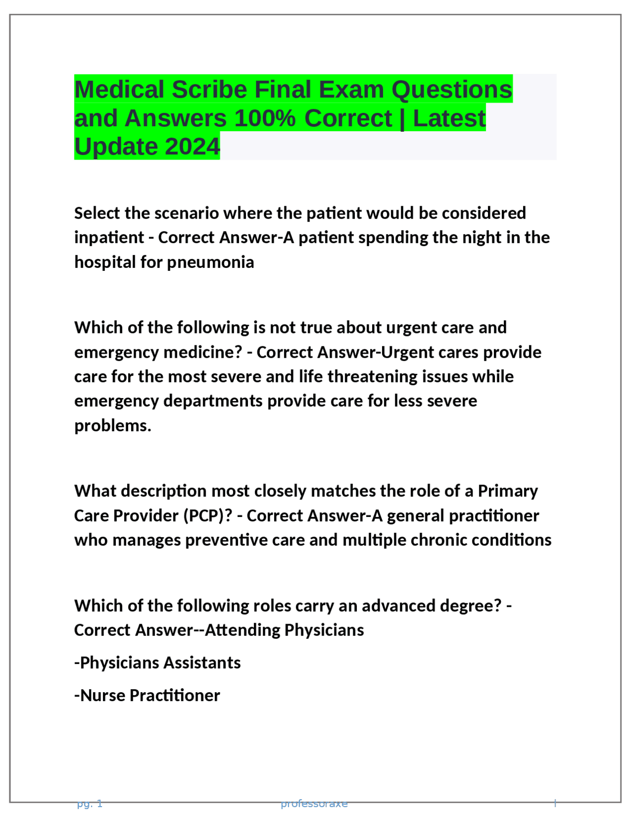 Medical Scribe Final Exam Questions and Answers 100% Correct | Latest ...