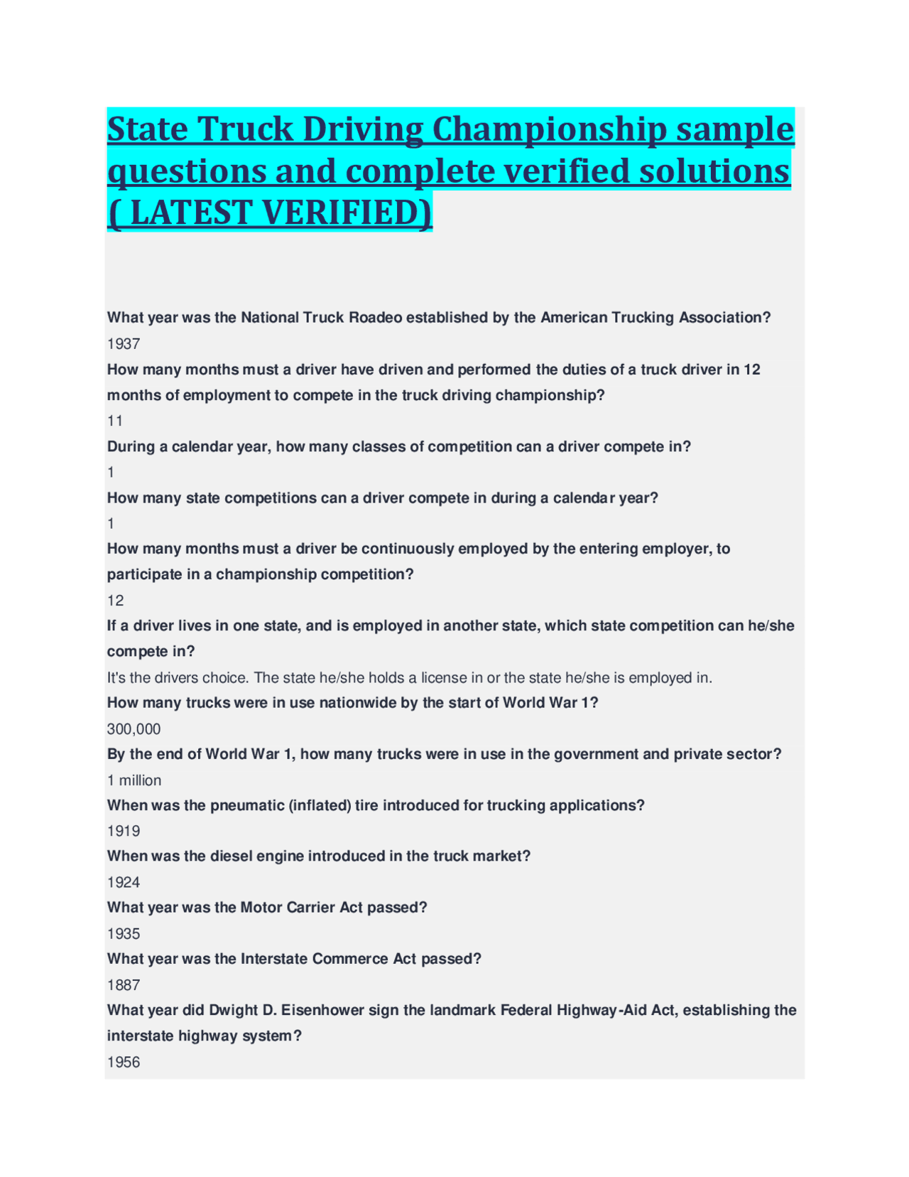 State Truck Driving Championship sample questions and complete verified ...