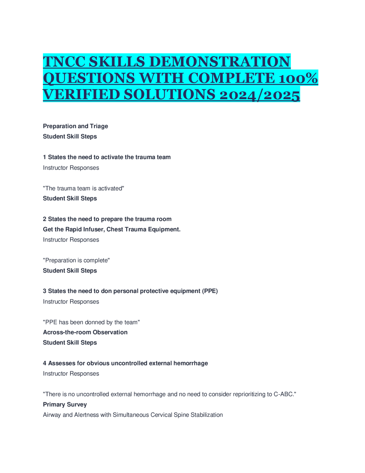 TNCC SKILLS DEMONSTRATION QUESTIONS WITH COMPLETE 100% VERIFIED ...
