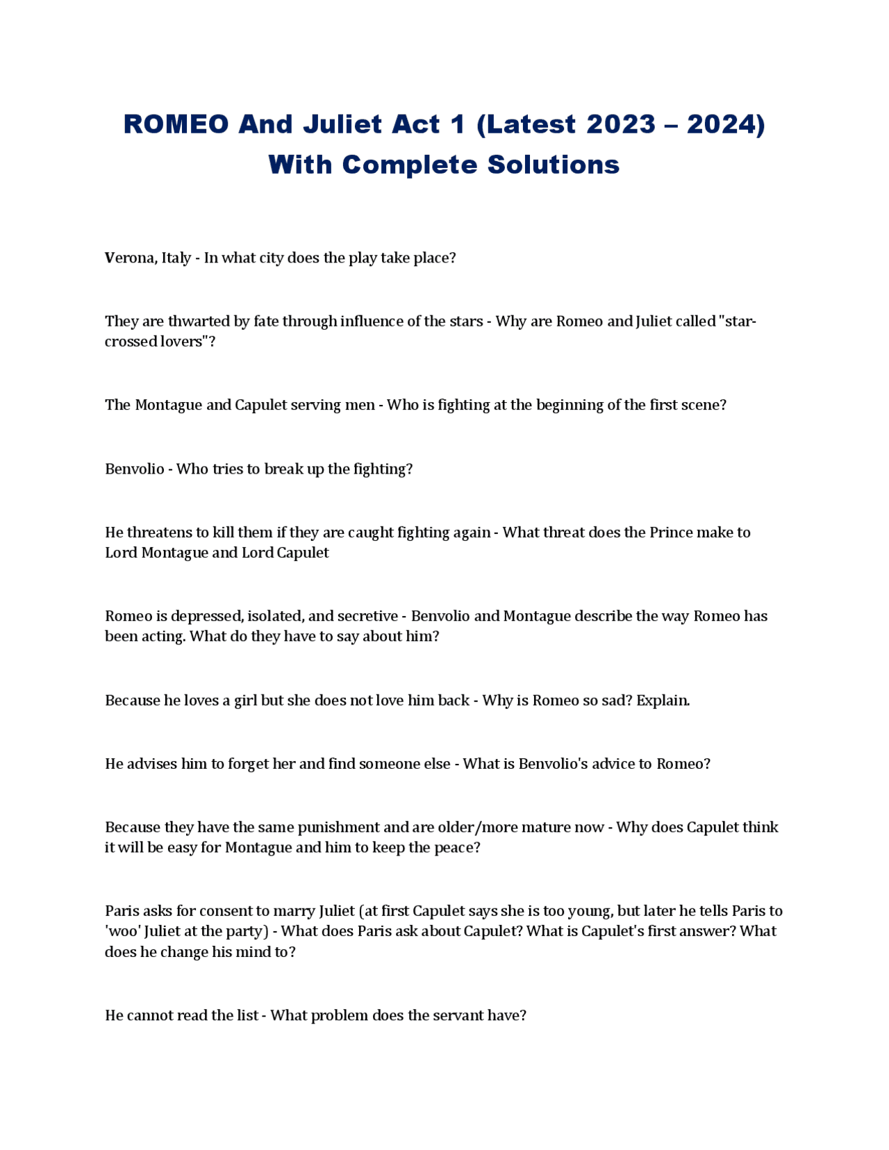 ROMEO And Juliet Act 1 (Latest 2023 – 2024) With Complete Solutions ...