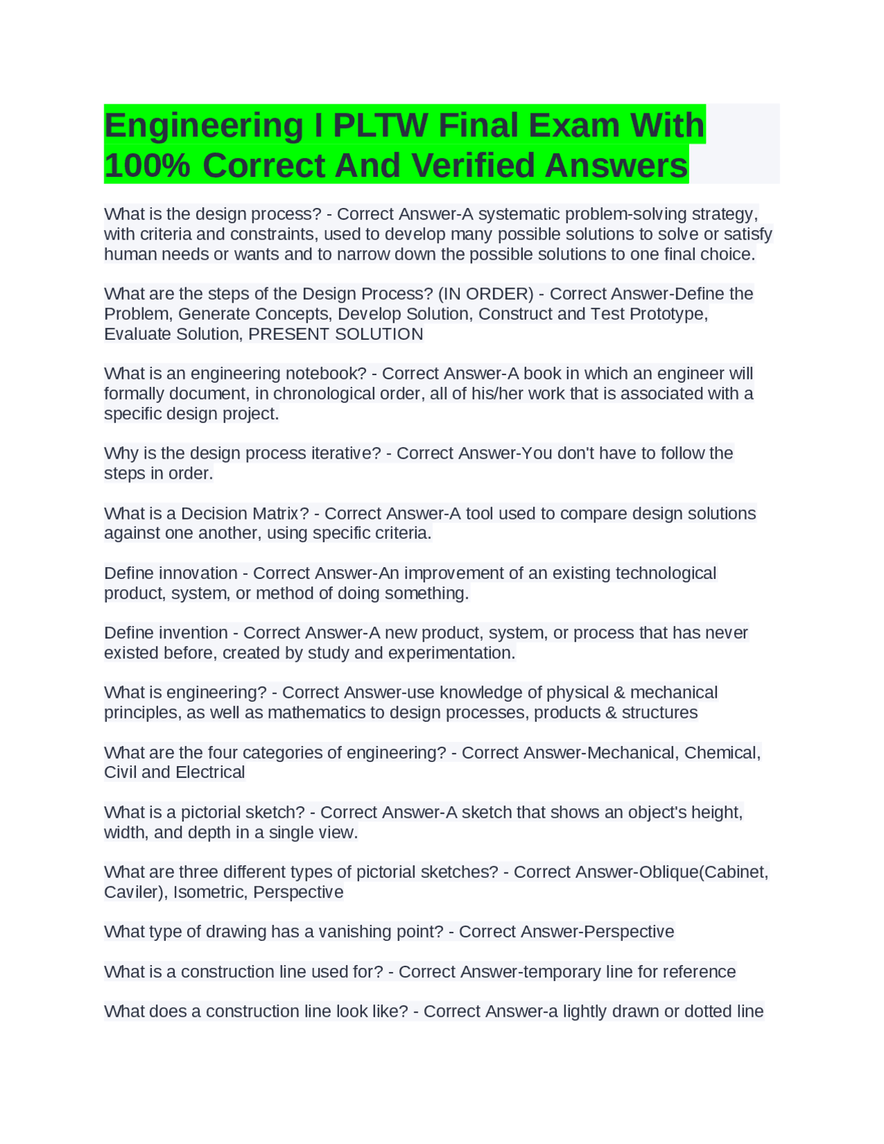 Engineering I PLTW Final Exam With 100% Correct And Verified Answers | Exams Advanced Education ...