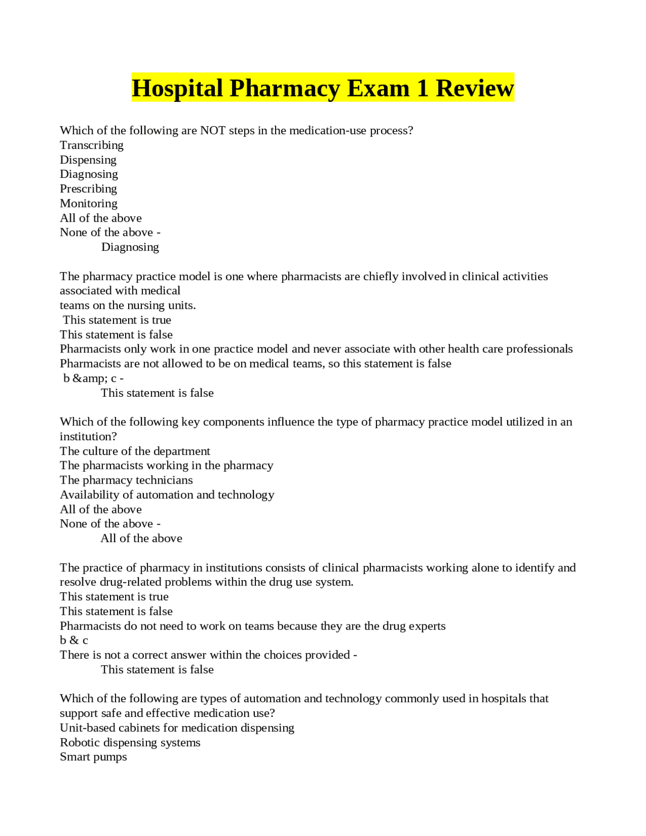 Hospital Pharmacy Exam 1 Review | Exams Pharmacy | Docsity