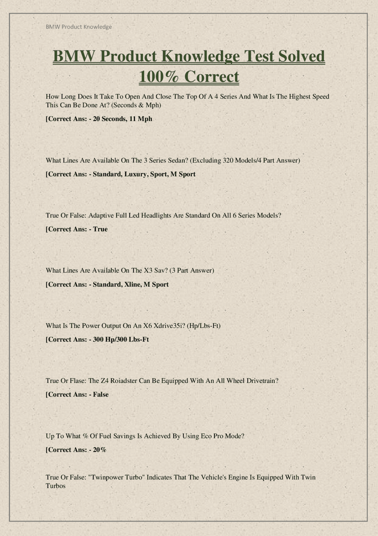 BMW Product Knowledge Test Solved 100% Correct | Exams Engineering ...