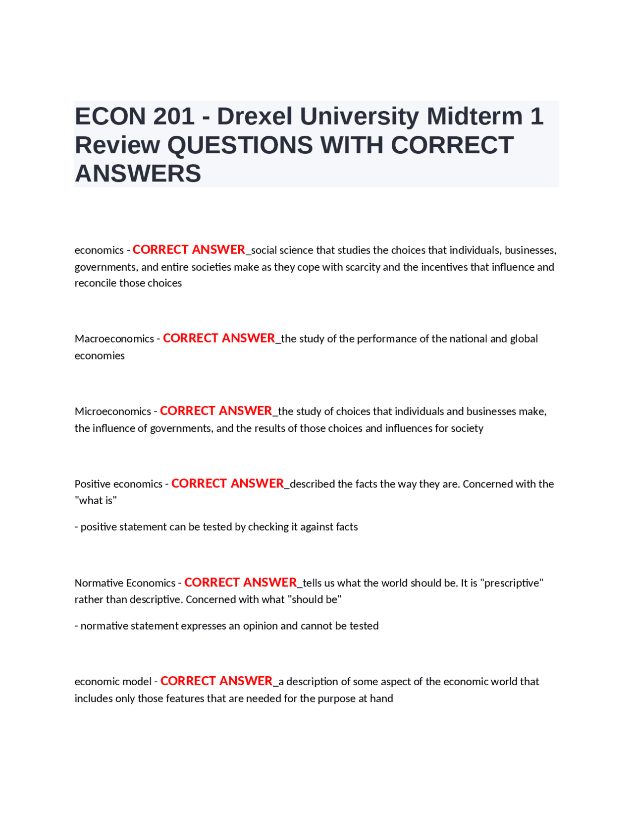 ECON 201 - Drexel University Midterm 1 Review QUESTIONS WITH CORRECT ANSWERS | Exams Economics ...