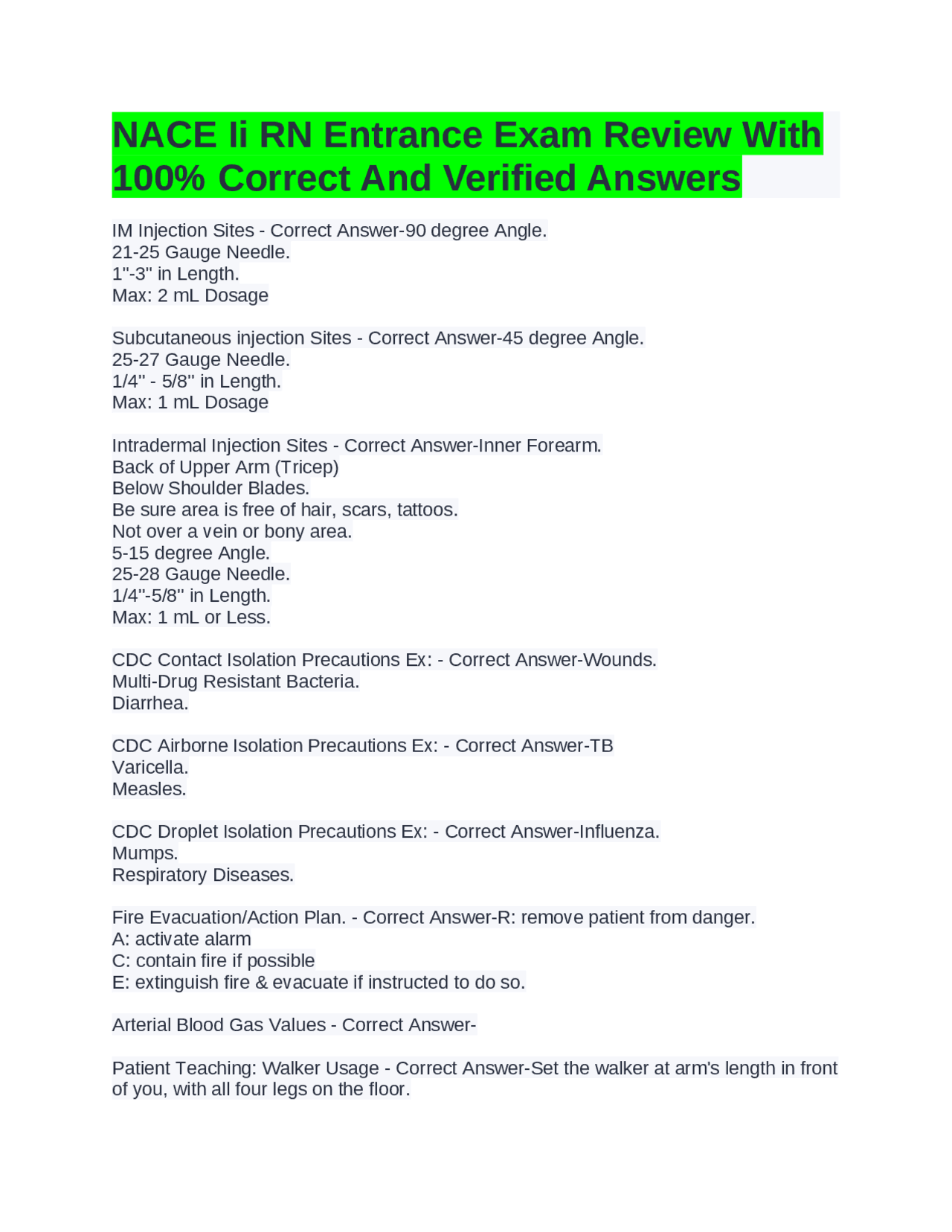 NACE Ii RN Entrance Exam Review With 100% Correct And Verified Answers ...