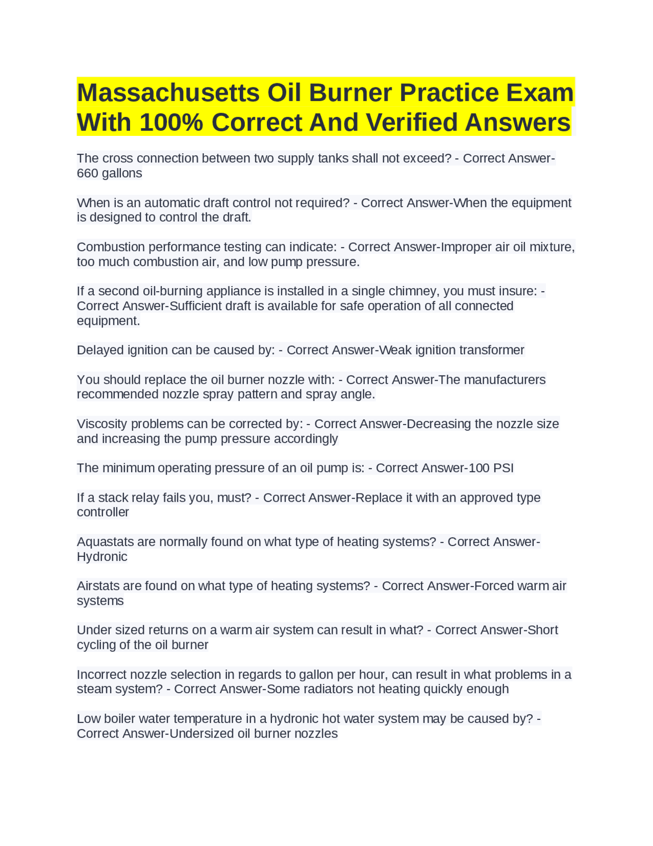 Massachusetts Oil Burner Practice Exam With 100% Correct And Verified ...