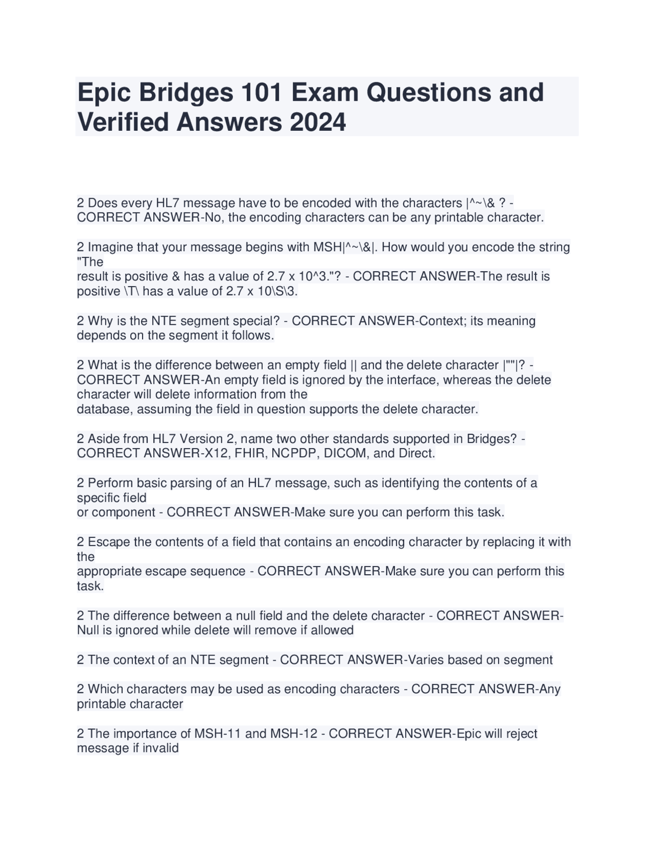 Epic Bridges 101 Exam Questions and Verified Answers 2024 | Exams ...