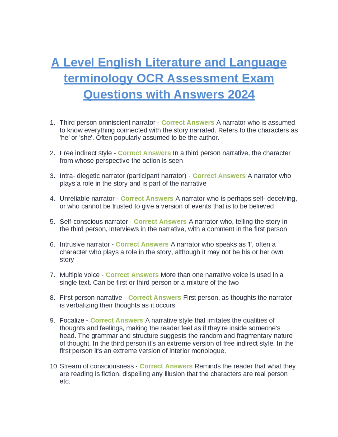 A Level English Literature and Language terminology OCR Assessment Exam ...